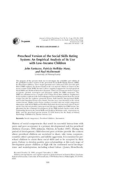 Pdf Preschool Version Of The Social Skills Rating System