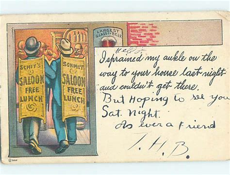 Pre Linen Alcoholism Comic Bar Patrons Enter Saloon With A Free Lunch