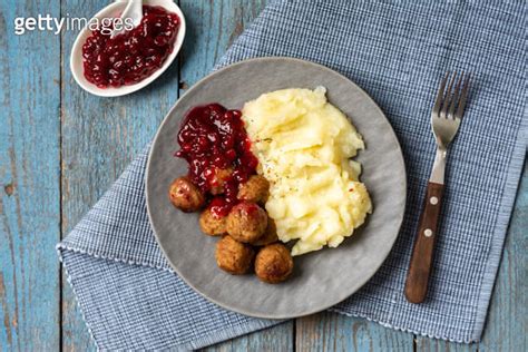 Swedish Meatballs With Mashed Potatoes And Lingonberry Jam Top View A