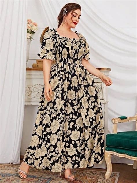 Women Plus Allover Floral Shirred Frill Milkmaid Dress Plus Size Maxi