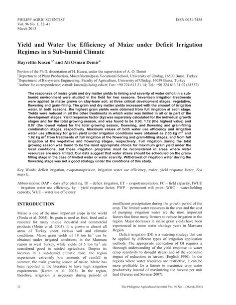 Pdf Yield And Water Use Efficiency Of Maize Under Deficit Irrigation Regimes In A Sub Humid