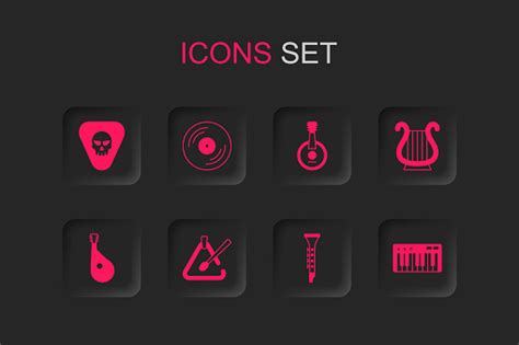 삼각형 악기 비닐 디스크 기타 피크 클라리넷 고대 그리스 거문고 음악 신디사이저 밴조 및 Bandura 아이콘을 설정합니다 벡터 Classical Concert에 대한 스톡