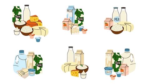 우유 제품 세트 우유 케피르 및 요구르트 카드보드 포장 용기 유리 병 다양한 치즈 버터 및 크림 유기농 농장 건강한 음식 터