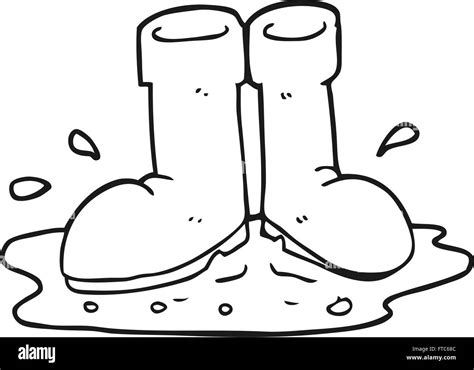 Freehand Drawn Black And White Cartoon Wellington Boots In Puddle Stock