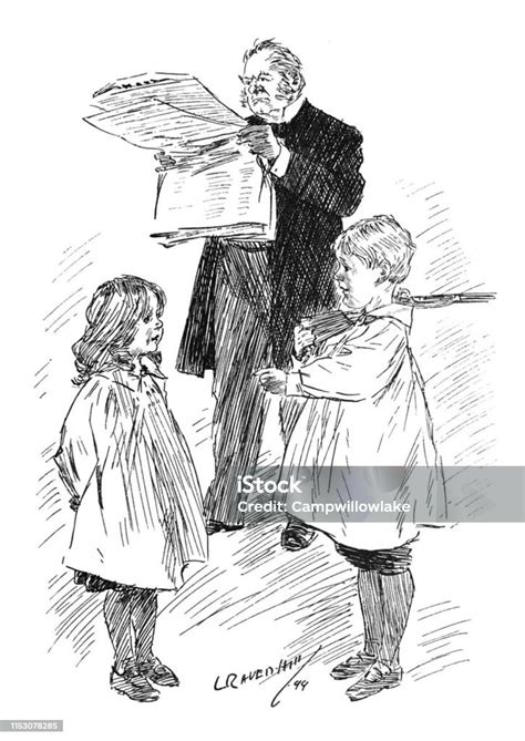 영국 풍자 만화 만화 캐리 커 처 일러스트어린이 장난감 총을가지고 노는 사람으로 그들 뒤에 전쟁 소식을 읽습니다 1880 1889 년에 대한 스톡 벡터 아트 및 기타 이미지