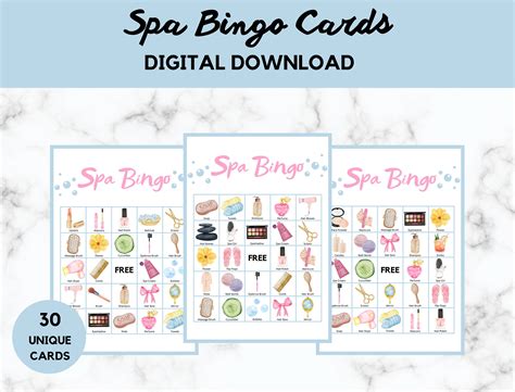 Spa Bingo Wellness Bingo 30 Spa Bingo Cards Spa Party Game Spa