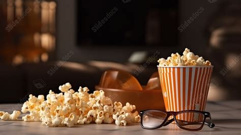 무료 캐러멜 팝콘 종이컵 3d 안경과 Tv 리모콘을 갖춘 스타일 로프트 영화관의 밤 영화 Ppt 배경 Slidesdocs