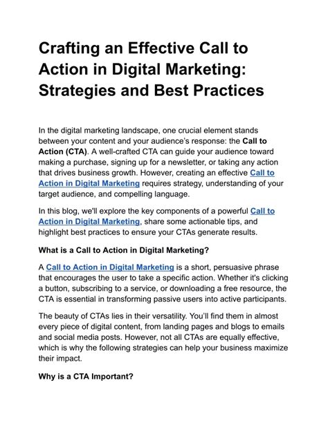 Ppt Crafting An Effective Call To Action In Digital Marketing Strategies And Best P