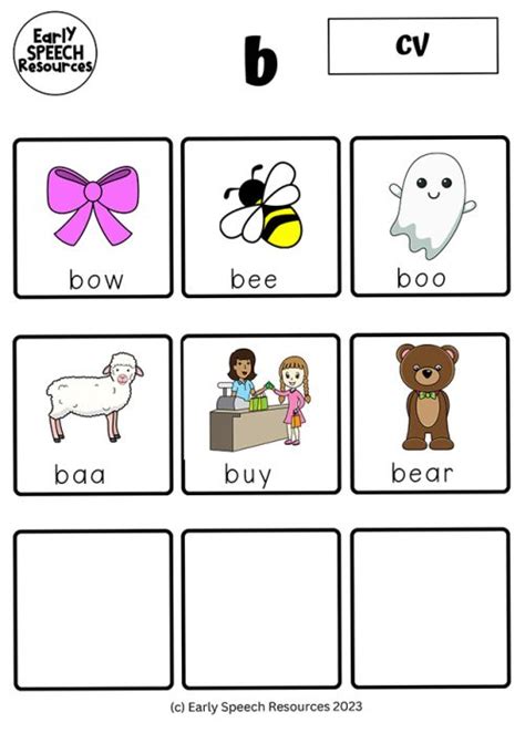 B Initial Cv Consonant Vowel Structure Articulation Sheet Early Speech Resources