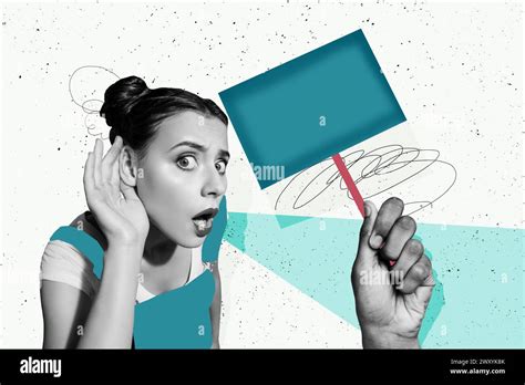 Collage Artwork Sketch Of Concentarted Focused Woman Arm Touch Ear