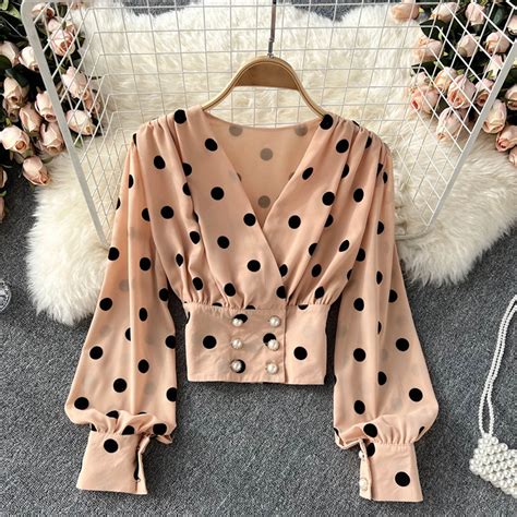 Women Polka Dot Shirts Vintage Double Breasted Long Sleeve Slim Tops