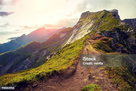 햇빛 산 풍경입니다 노르웨이의 아름 다운 자연입니다 산의 가장자리 산에 대한 스톡 사진 및 기타 이미지 산 오솔길 노르웨이 Istock