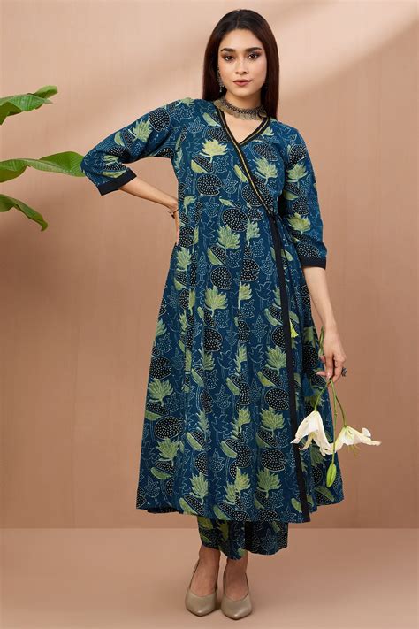 Tie Up Angrakha Kurta Cobalt Lilies Maati Crafts