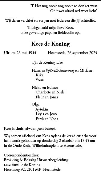 Overleden Kees De Koning 23 05 1944 26 09 2025