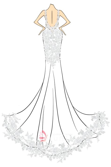 Sketch Of Lace Applique White Satin Mermaid Wedding Dress Lunss