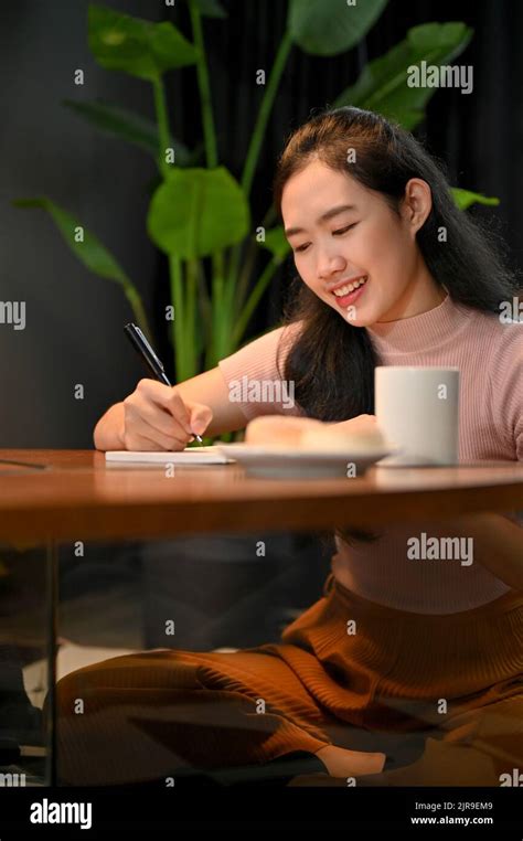 Portrait Pretty Young Asian Female College Student Doing Her Homework