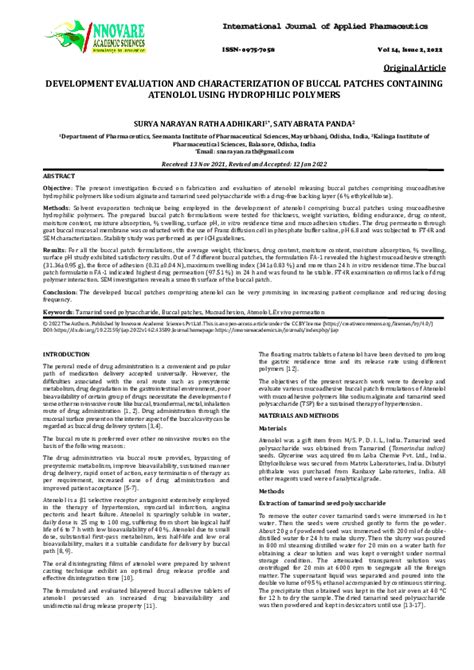 Pdf Development Evaluation And Characterization Of Buccal Patches Containing Atenolol Using