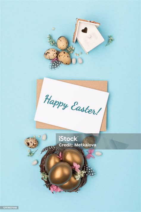 황금 달걀 메추라기 깃털 푸른 배경에 말린 꽃부활절 장식 해피 부활절 카드 개념 4월에 대한 스톡 사진 및 기타 이미지 4월 개념 계절 Istock