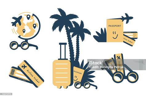 여행 아이콘의 컬렉션입니다 웹 프로모션 광고 여행 대행사에 대한 관광 템플릿 세트입니다 비행기 티켓 여권 카메라 손바닥 위치