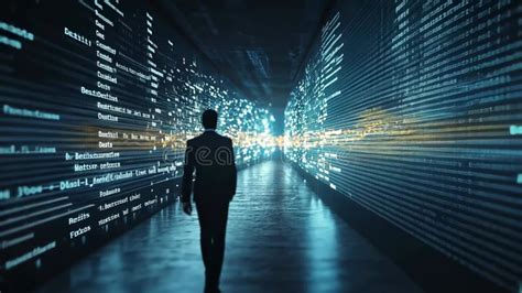 Businessman Walks Through A Digital Tunnel Of Code Representing Data