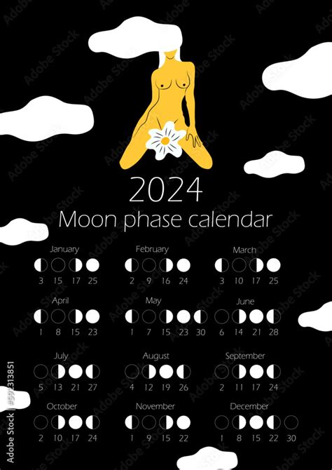 Moon Phases Calendar 2024 With Naked Woman Body In Bright Color