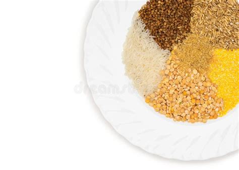 Cereals Maize Wheat Buckwheat Millet Rye Rice And Peas Stock