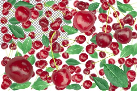 투명한 배경 위에 잎이 날아다니는 신선하고 잘 익은 체리의 배경 프리미엄 Psd 파일
