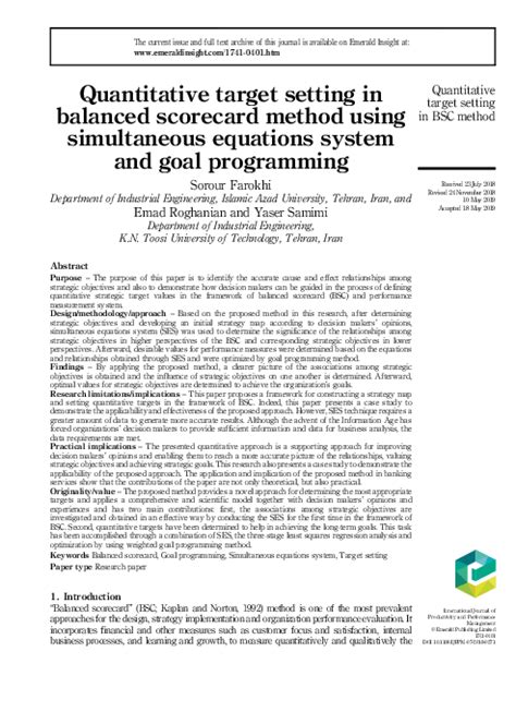 Pdf Quantitative Target Setting In Balanced Scorecard Method Using Simultaneous Equations