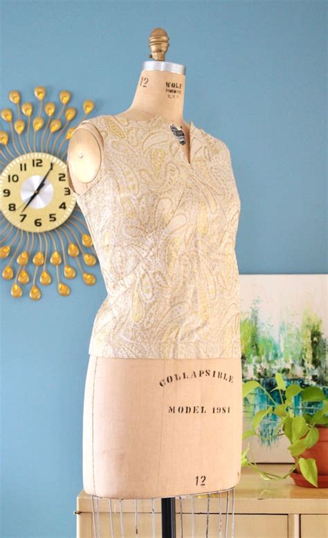 Vintage 1960s Blouse 60s Gold Metallic Paisley Sle Gem
