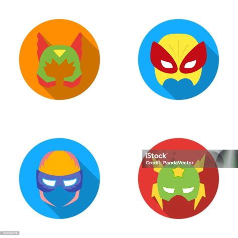 머리에 마스크 헬멧 슈퍼 영웅 마스크 평면 스타일 벡터 기호 재고 일러스트 레이 션 웹에서 컬렉션 아이콘을 설정합니다 눈 신체 부분에 대한 스톡 벡터 아트 및 기타 이미지