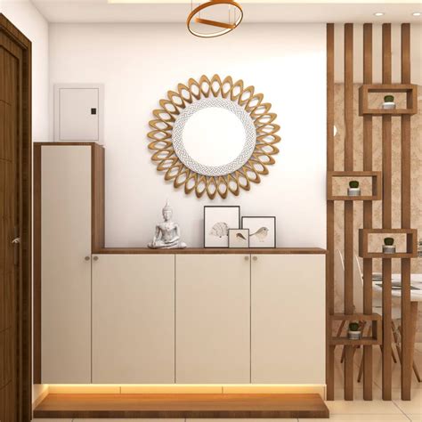 Spacious Foyer Design With Round Mirror Livspace