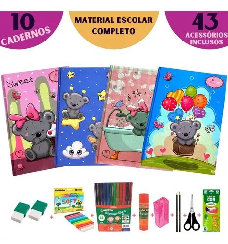 Kit Cadernos fls Menina Brochura Capa Dura acessórios Parcelamento sem juros