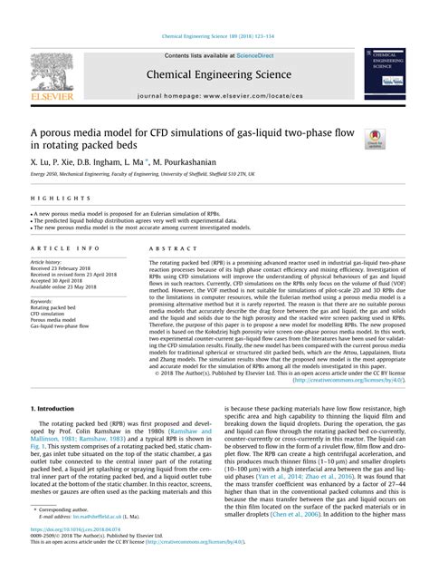 PDF A Porous Media Model For CFD Simulations Of Gas Liquid Two Phase Flow In Rotating Packed Beds
