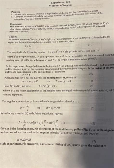 Solved Experiment 8 2 Moment Of Inertia Purpose Measure The Chegg Com