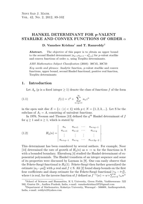 Pdf Hankel Determinant For P Valent Starlike And Convex Functions Of
