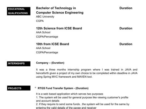 Resume Format For Cse Freshers Resume Format Sample For Fresher World Of Reference Williamson