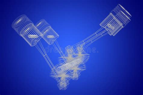 Sex Cylinder 3d Bilmotor Wireframe Svart Bakgrund Stock