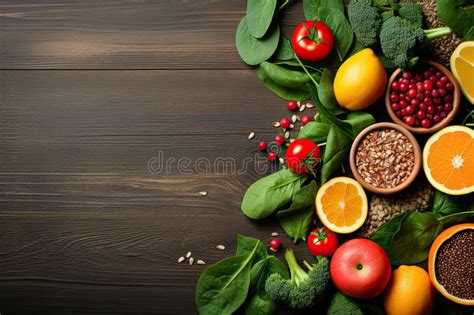 Healthy Food Fresh Fruits Vegetables Seeds On Wood Generative Ai Stock