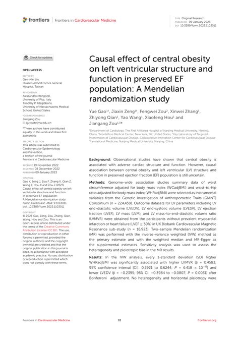 Pdf Causal Effect Of Central Obesity On Left Ventricular Structure And Function In Preserved