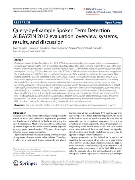 Pdf Query By Example Spoken Term Detection Albayzin 2012 Evaluation Overview Systems