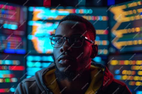 black male programmer working in monitoring room surrounded by big