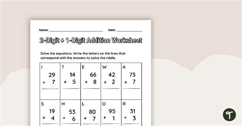 2 digit 1 digit numbers addition worksheet teach starter