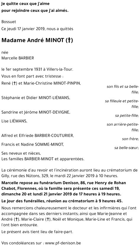 Avis De Décès De Marcelle Barbier Décédé Le 17012019 à Isnes Annonce Condoléances Fleurs