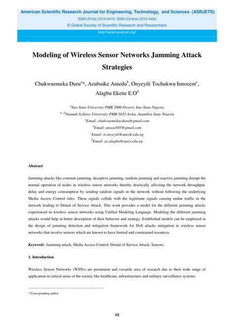 Pdf Modeling Of Wireless Sensor Networks Jamming Attack Strategies