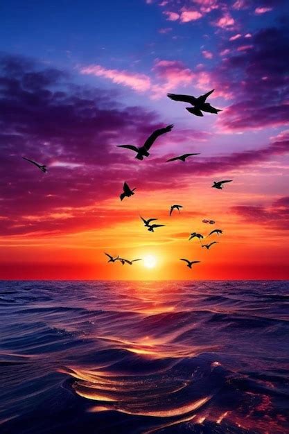 A Sunset With Birds Flying In The Sky And The Sun Is Setting Premium