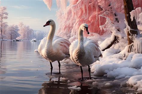 Two Flamingos Are Standing In The Water Next To Ice Covered Trees Generative AI Image Stock