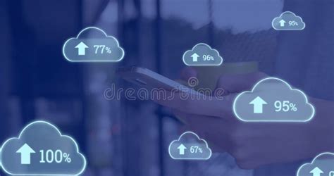 Person Using Smartphone With Digital Cloud Icons Showing Upload