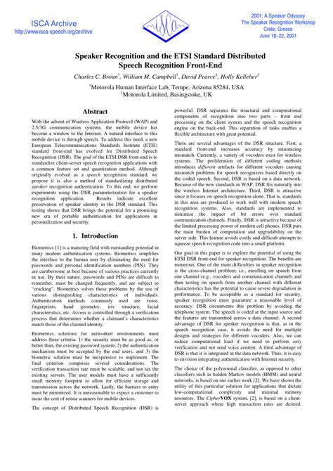pdf speaker recognition and the etsi standard distributed speech
