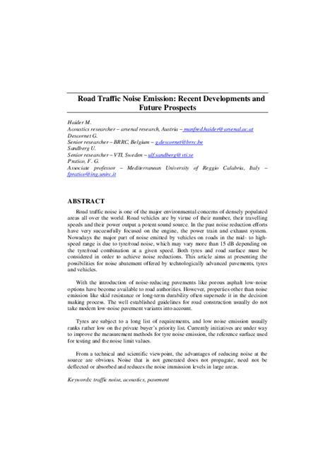 Pdf Road Traffic Noise Emission Recent Developments And Future Prospects
