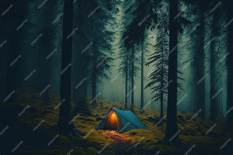 Premium Photo Camping In A Dark Foggy Forest Campfire Night Forest